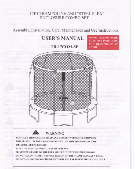 Manual for the 17' BOUNCE PRO Model TR-17COM-SF Combo