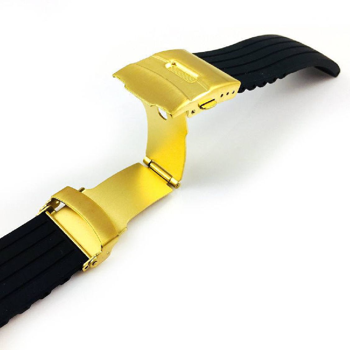 Black Silicone 20mm Watch Band Strap Gold Double Lock Buckle #4011G