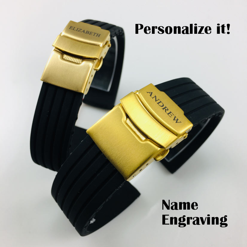 Black Silicone 23mm Watch Band Strap Gold Double Lock Buckle #4011G