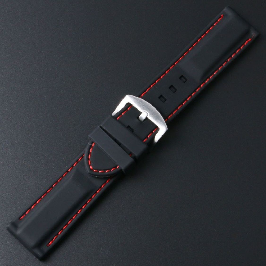 Black Silicone PU Replacement 20mm Watch Band Strap Red Stitching #4008
