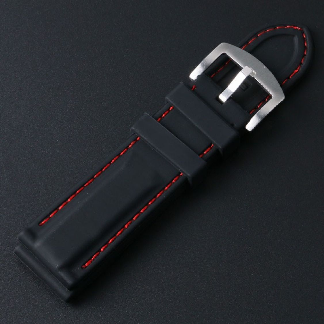 Black Silicone PU Replacement 20mm Watch Band Strap Red Stitching #4008