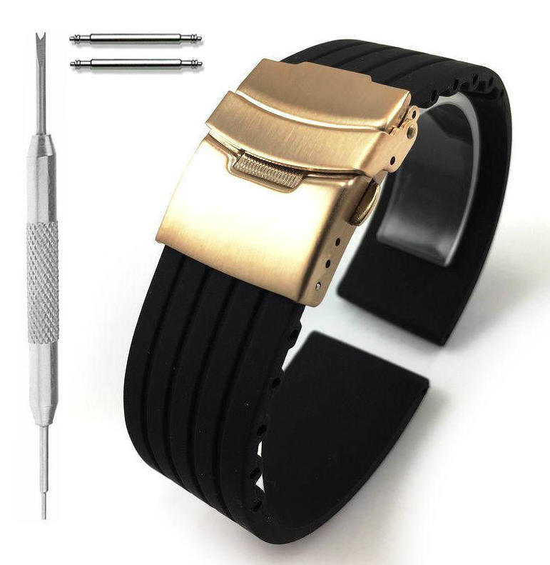 Black Silicone Watch Band Rose Gold Double Lock Clasp #4011RG-24