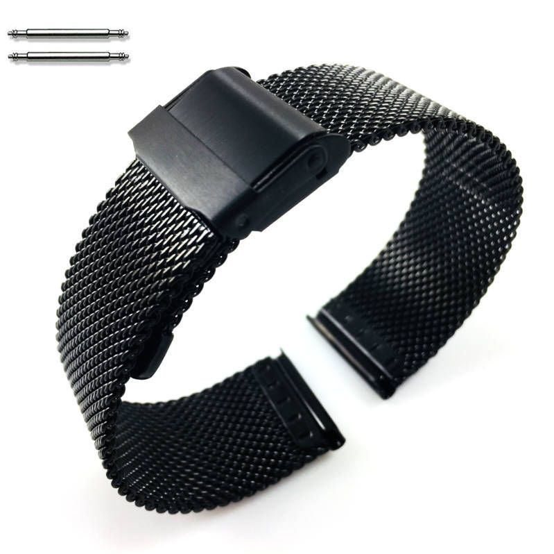 Black Steel Metal Adjustable Mesh Bracelet 16mm Watch Band Double Lock ...