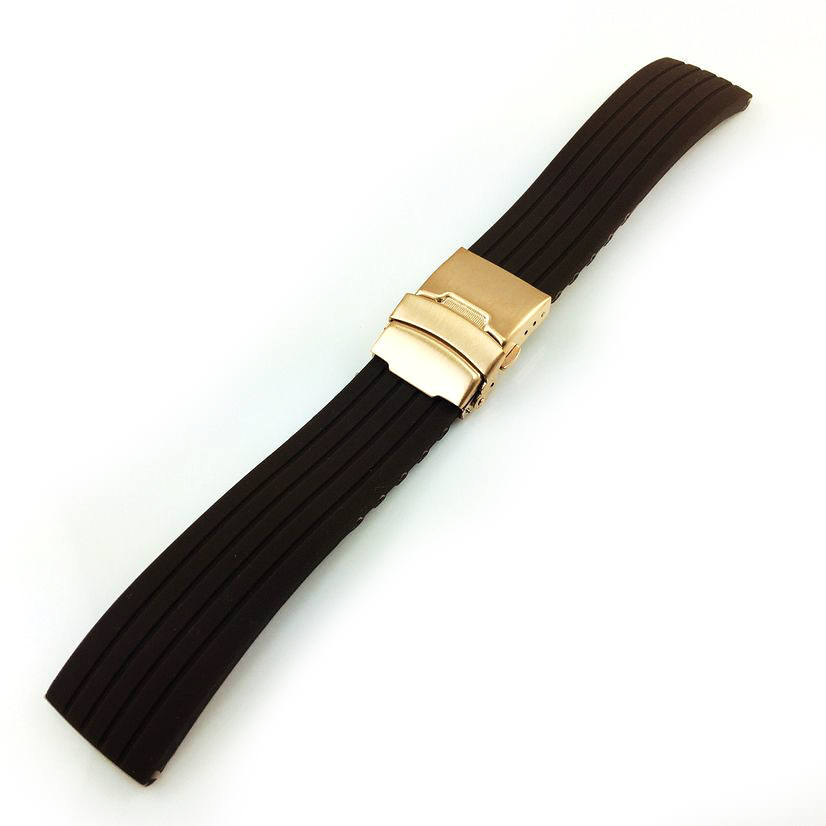 Brown Silicone 19mm Watch Band Strap Rose Gold Double Locking Clasp #4017RG