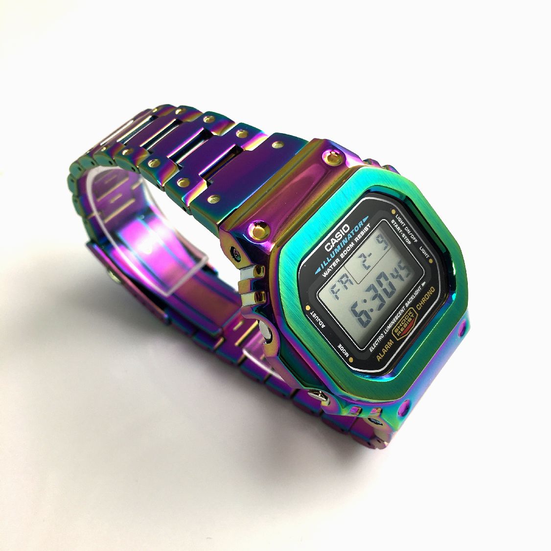 Casio G-Shock DW-5600 Mod rainbow Steel Bezel Bracelet Full Custom Metal