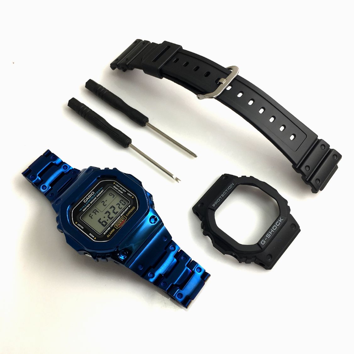 Casio G-Shock DW5600 Mod Blue PVD Steel Bezel Bracelet 5600 Full Custom ...
