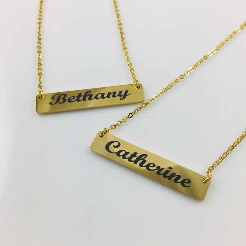 Gold Tone Personalized Laser Engraved Name Plate Bar Chain Necklace ...