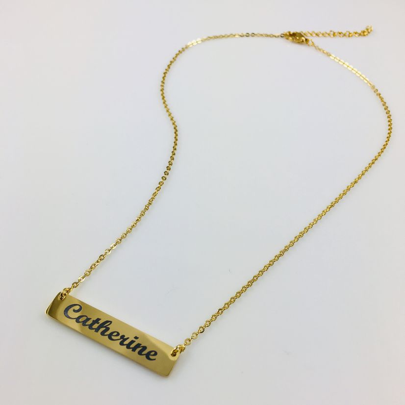Gold Tone Personalized Laser Engraved Name Plate Bar Chain Necklace ...