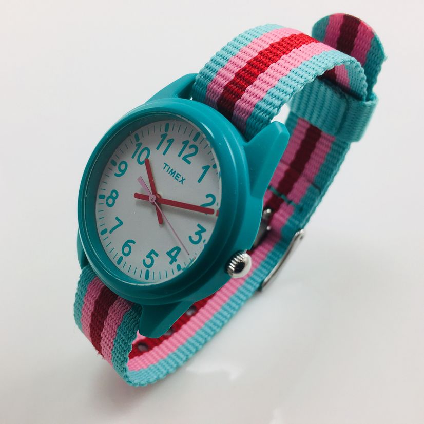 Kid's Timex Time Machines Light Blue Stripped Nylon Strap Watch TW7C09800