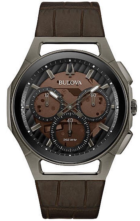 Men's Bulova CURV Chronograph Brown Dial and Leather Strap Curved Watch ...