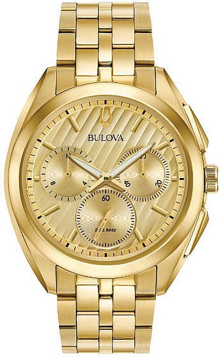 Men's Bulova CURV Chronograph Gold Tone Steel Curved Watch 97A125