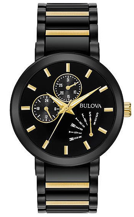 Men's Bulova Futuro Black and Gold Elegant Day-Date Watch 98C124