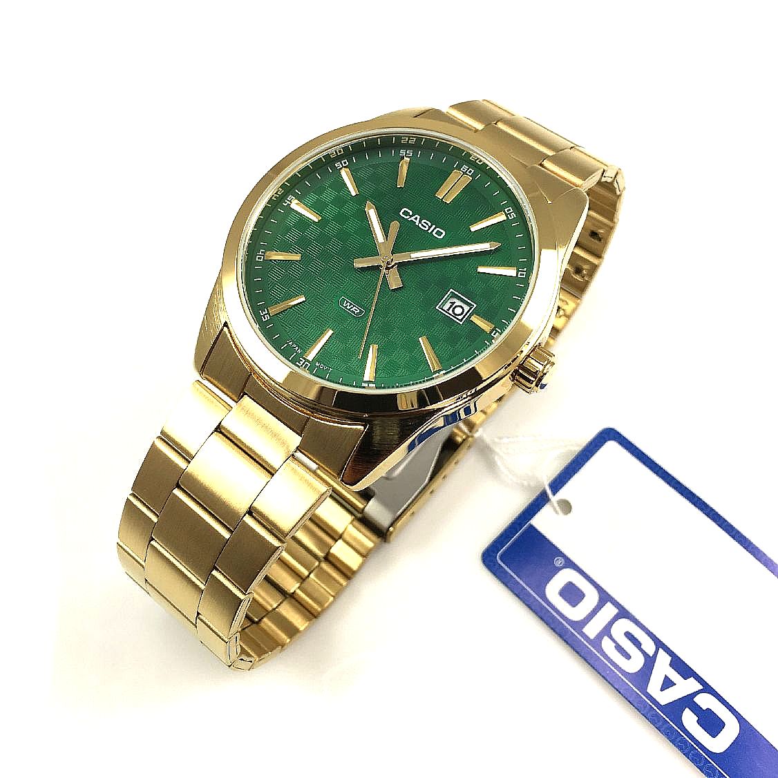 Men's Casio Classic Gold Tone MTP-VD03G Green Dial Steel Watch MTPVD03G-3A