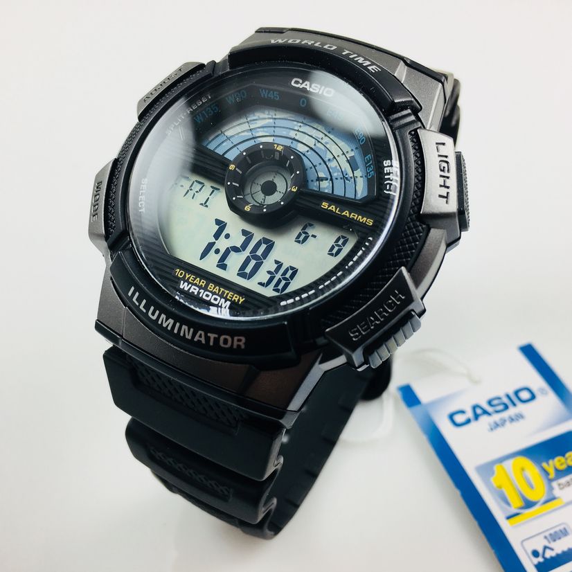 Men's Casio Digital World Time Black Resin Sport Watch AE1100W-1AV