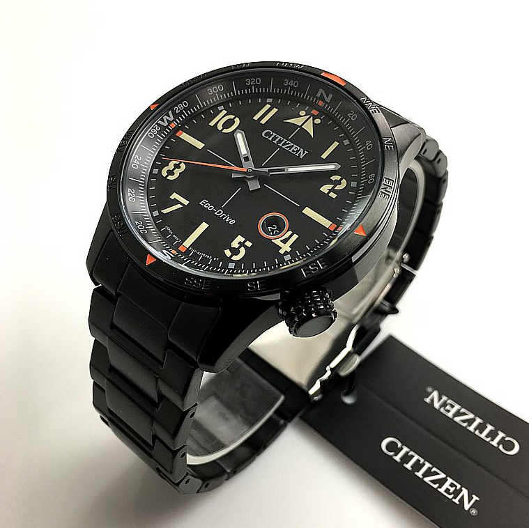 Men's Citizen Eco-Drive Aviator Pilot Style Black Steel Watch BM7555-83E