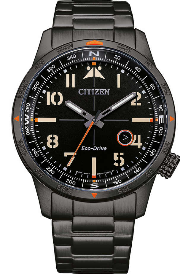Men's Citizen Eco-Drive Aviator Pilot Style Black Steel Watch BM7555-83E