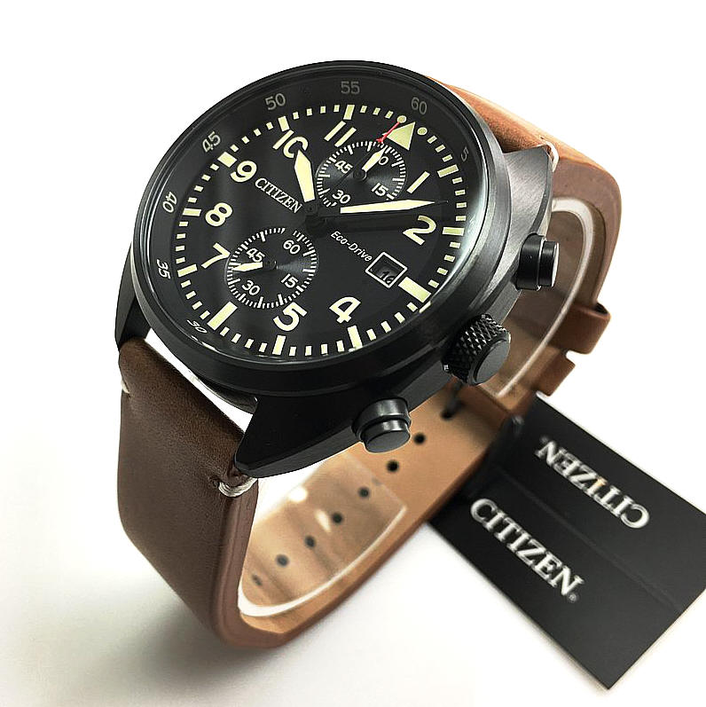 Men's Citizen Eco-Drive Black Chronograph Leather Strap Watch CA7045-14E