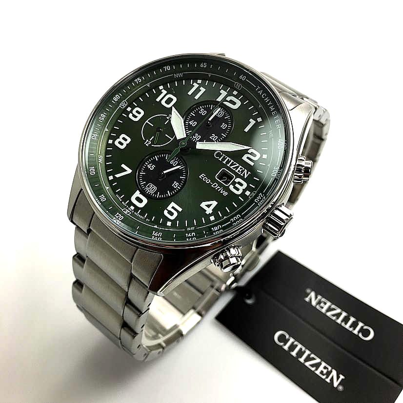 Men's Citizen Eco-Drive Steel Chronograph Green Dial Watch CA0770-72X