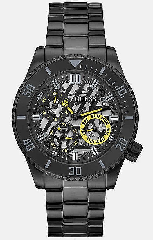 Men's Guess Black Steel Multifunction Skeleton Dial Watch GW0488G3