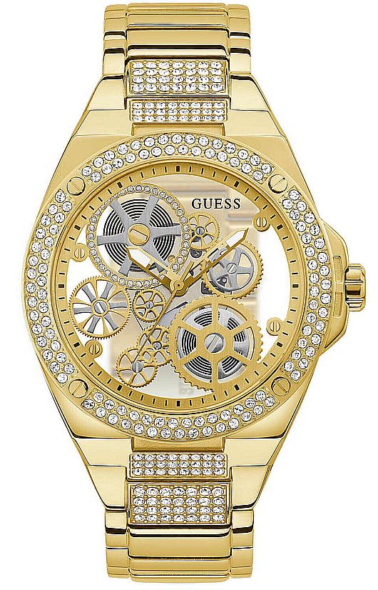 Men's Guess Crystallized Gold Tone Steel Skeleton Dial Watch GW0323G2