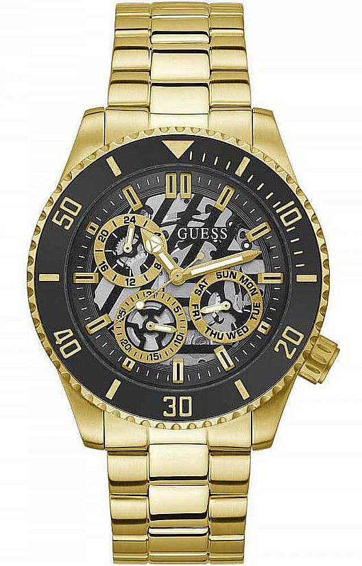 Men's Guess Gold Tone Steel Multifunction Skeleton Dial Watch GW0488G2