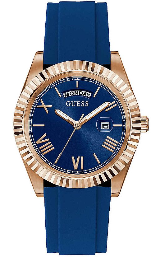 Men's Guess Rose Gold Classic Day-Date Blue Dial Watch GW0335G2