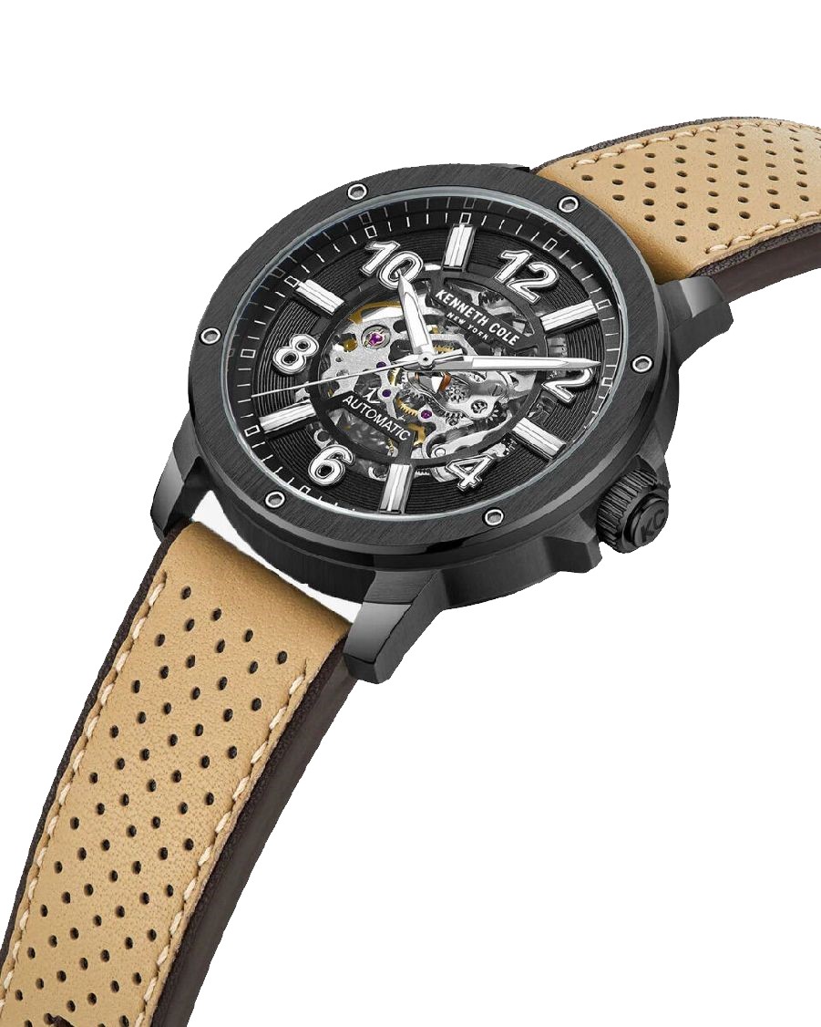 Men's Kenneth Cole Leather Strap Automatic Skeleton Watch KCWGE0013105