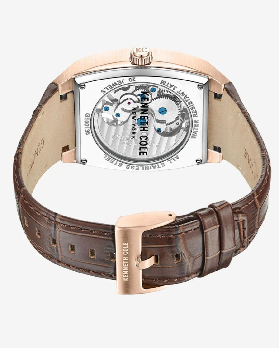 Men's Kenneth Cole Leather Strap Automatic Skeleton Watch KCWGE0013803