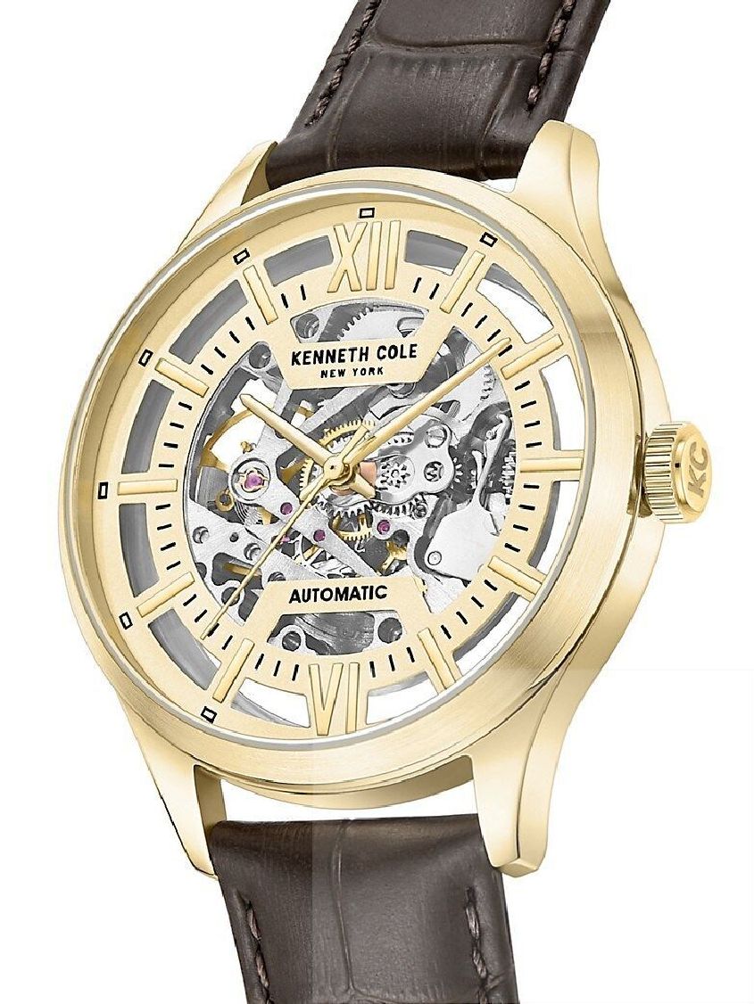 Men's Kenneth Cole Leather Strap Automatic Skeleton Watch KCWGE0027202