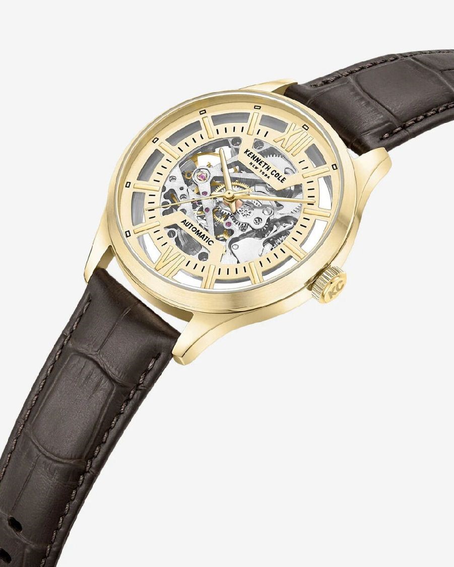 Men's Kenneth Cole Leather Strap Automatic Skeleton Watch KCWGE0027202