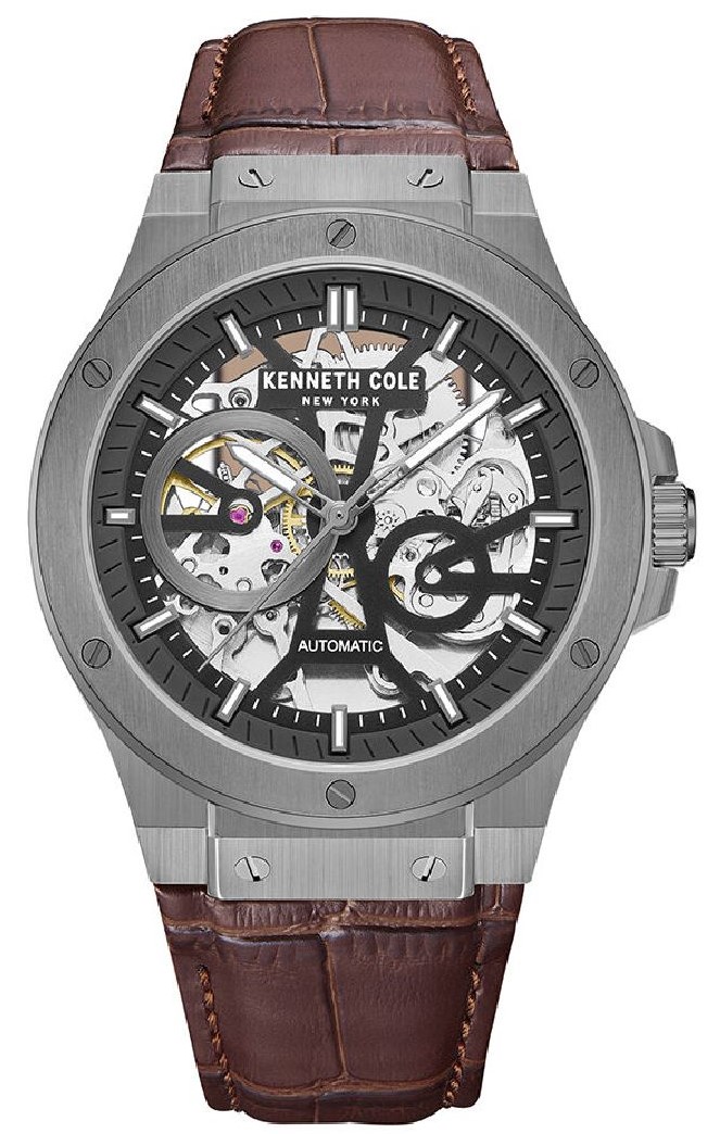 Men's Kenneth Cole Leather Strap Automatic Skeleton Watch KCWGE0033502