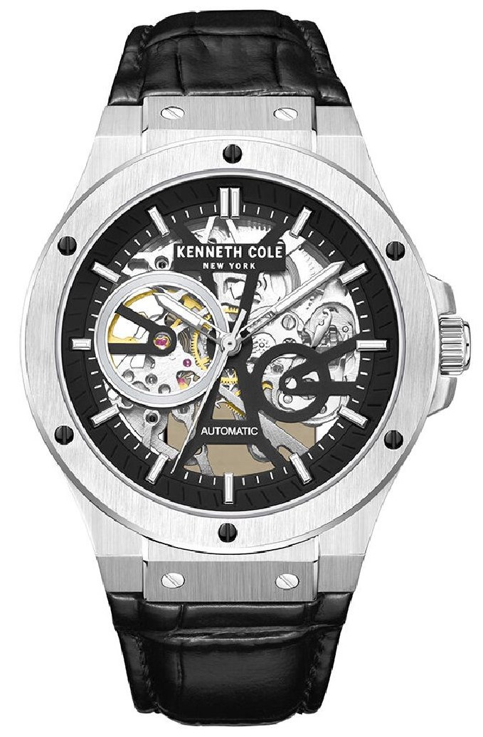 Men's Kenneth Cole Leather Strap Automatic Skeleton Watch KCWGE0033505