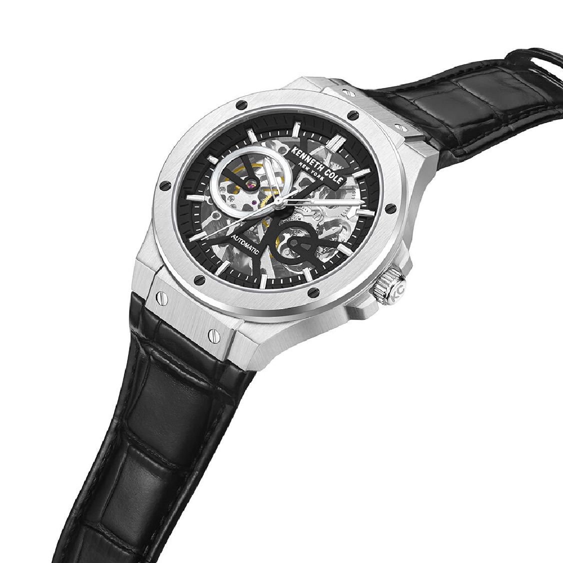 Men's Kenneth Cole Leather Strap Automatic Skeleton Watch KCWGE0033505