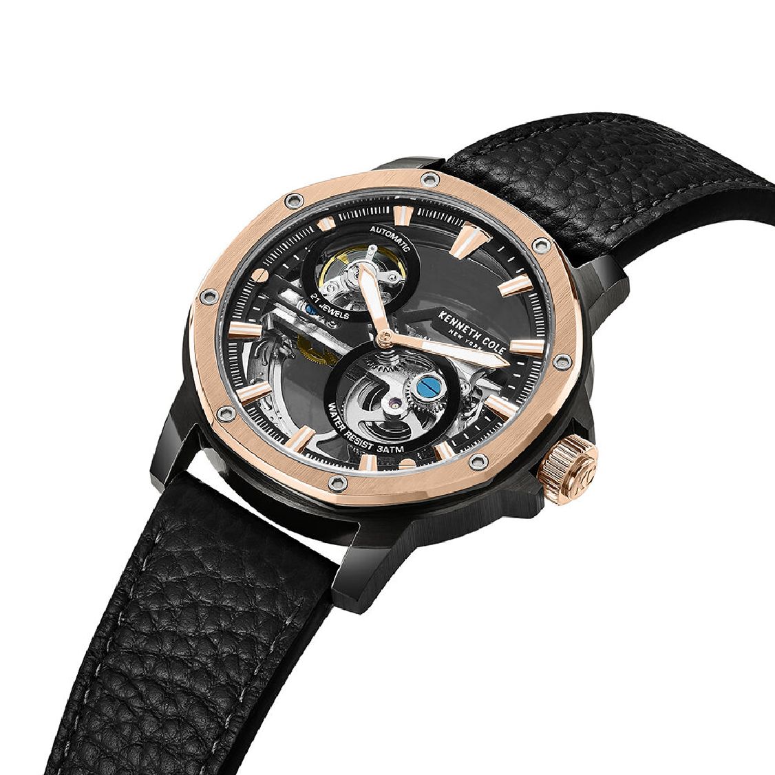 Men's Kenneth Cole Leather Strap Automatic Skeleton Watch KCWGE0033702