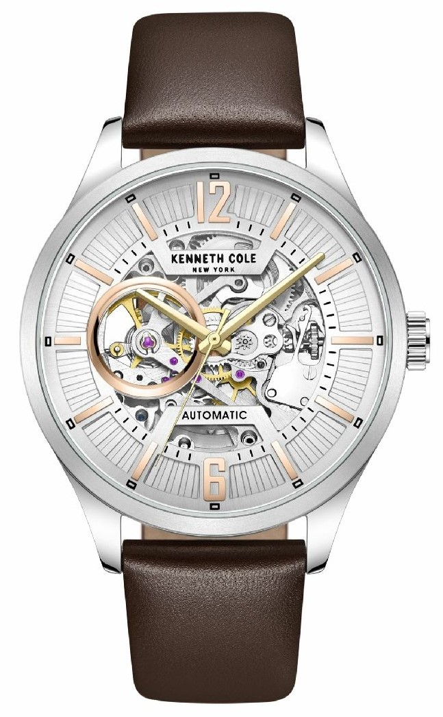 Men's Kenneth Cole Leather Strap Automatic Skeleton Watch KCWGE2232501