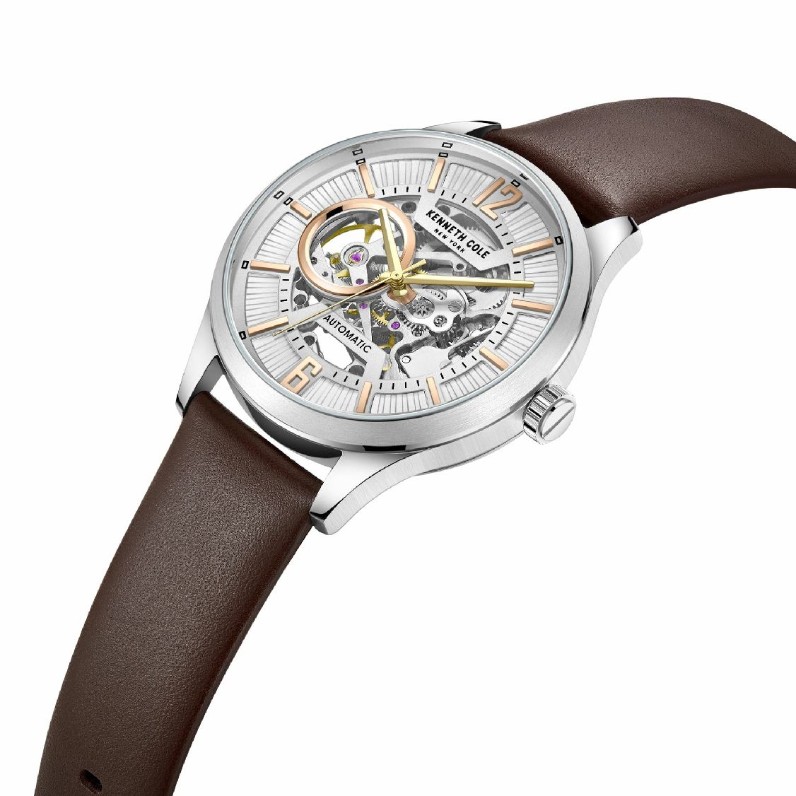 Men's Kenneth Cole Leather Strap Automatic Skeleton Watch KCWGE2232501