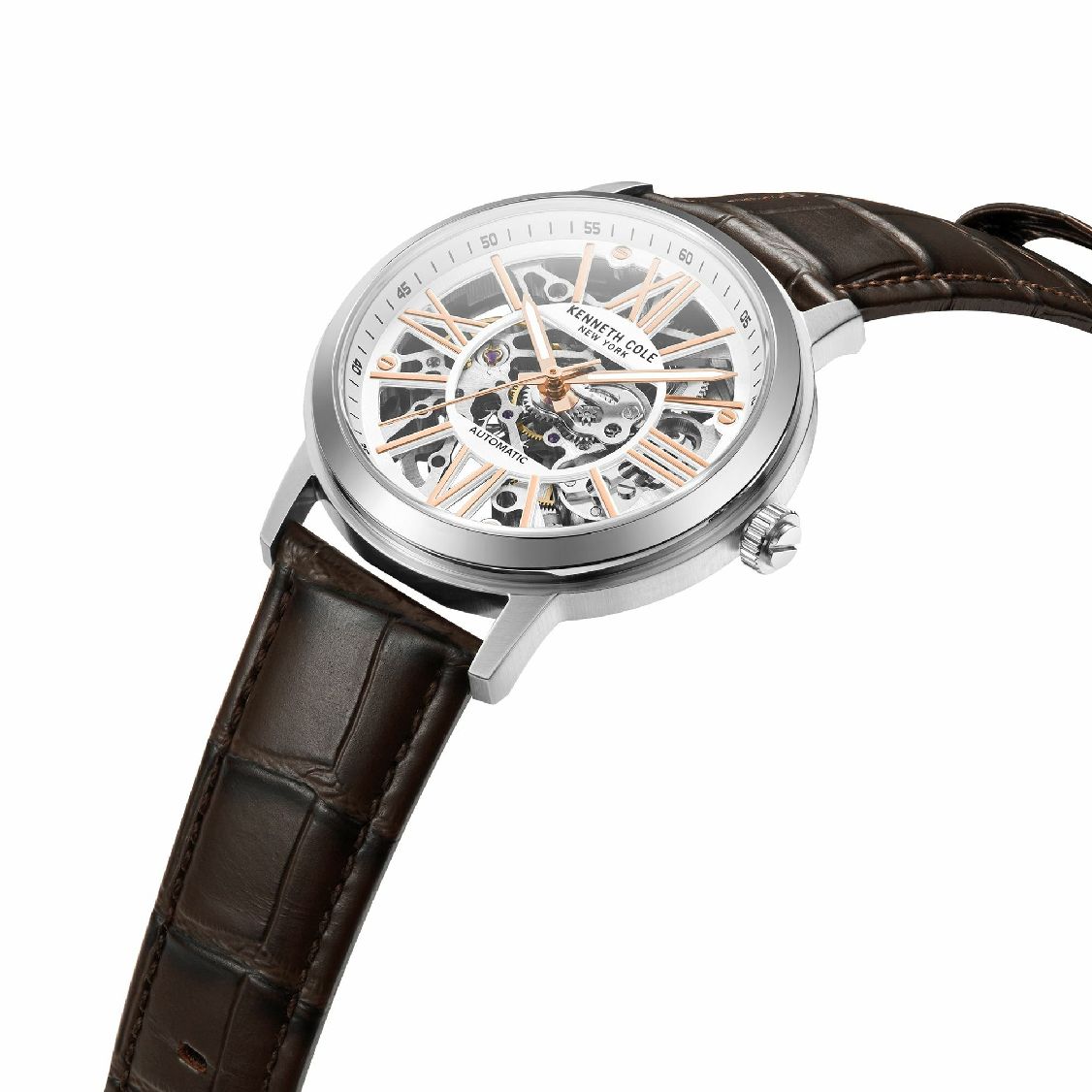 Men's Kenneth Cole Leather Strap Automatic Skeleton Watch KCWGE2233201