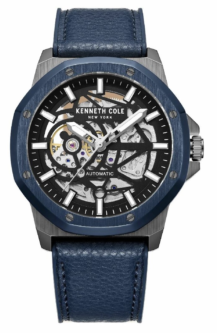 Men's Kenneth Cole Leather Strap Automatic Skeleton Watch KCWGR2232901