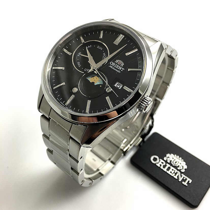 Men's Orient Sun and Moon Automatic Steel Black Dial Watch RA-AK0307B10B