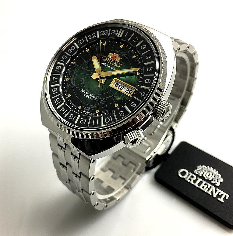 Men's Orient World Map Revival Automatic Day-Date Watch RA-AA0E02E19B