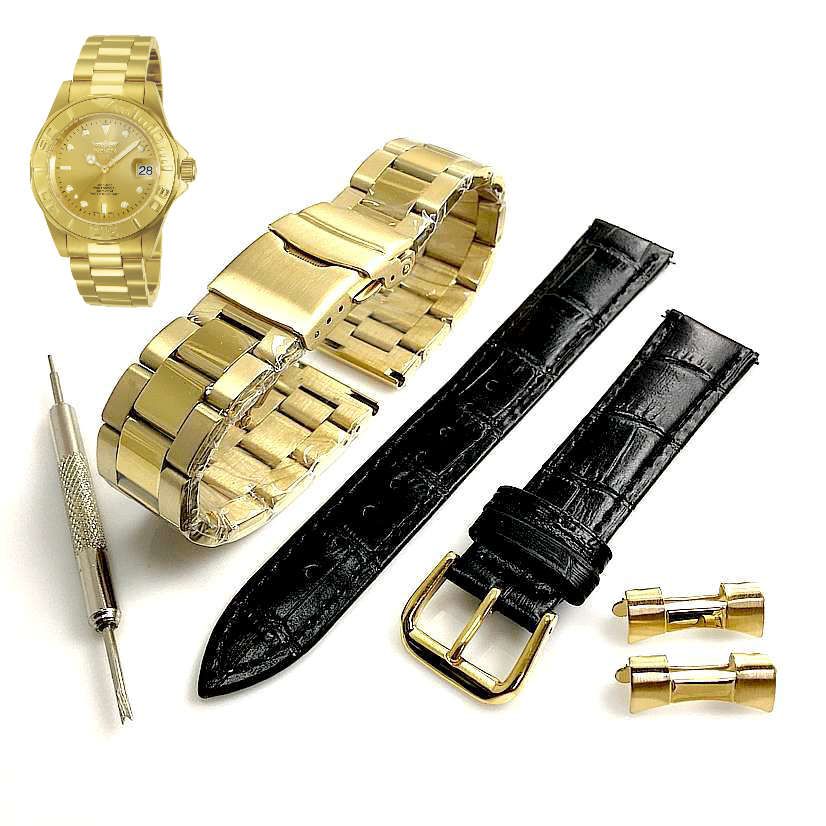 Pack of 2 Steel Leather Gold Replacement Watch Band Fits Invicta Pro ...