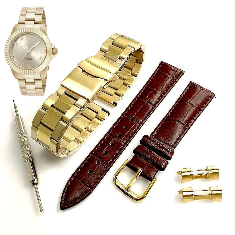 Pack of 2 Steel Leather Gold Replacement Watch Band Fits Invicta Pro ...
