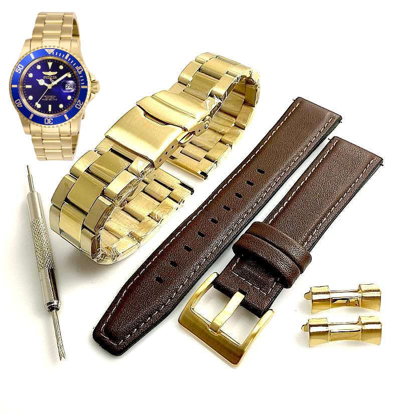 Pack of 2 Steel Leather Gold Replacement Watch Band Fits Invicta Pro ...