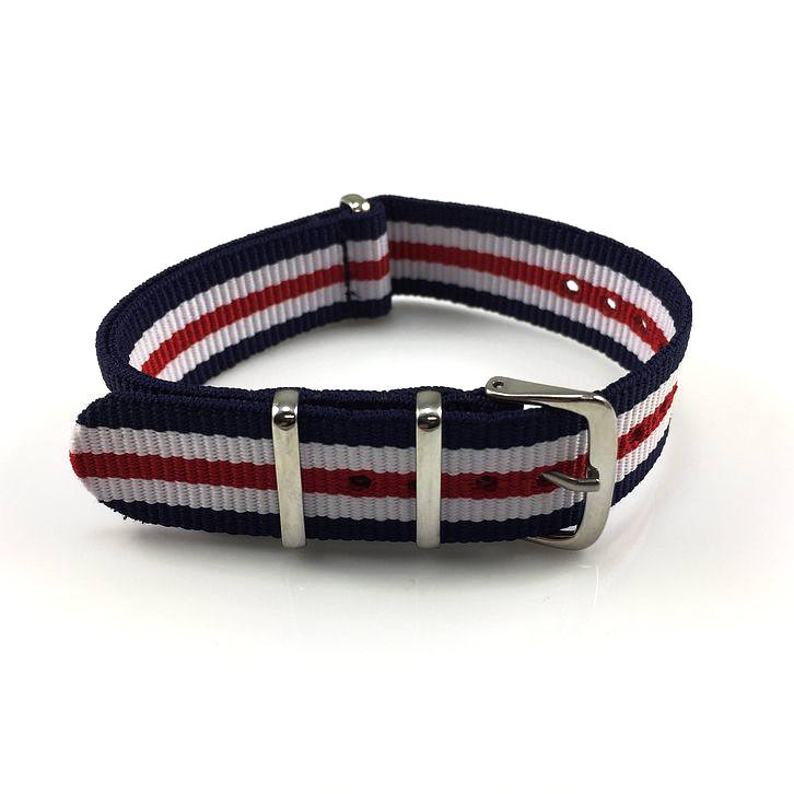 Blue Red White Stripes One Piece Slip Through Nylon 20mm Watch Band ...