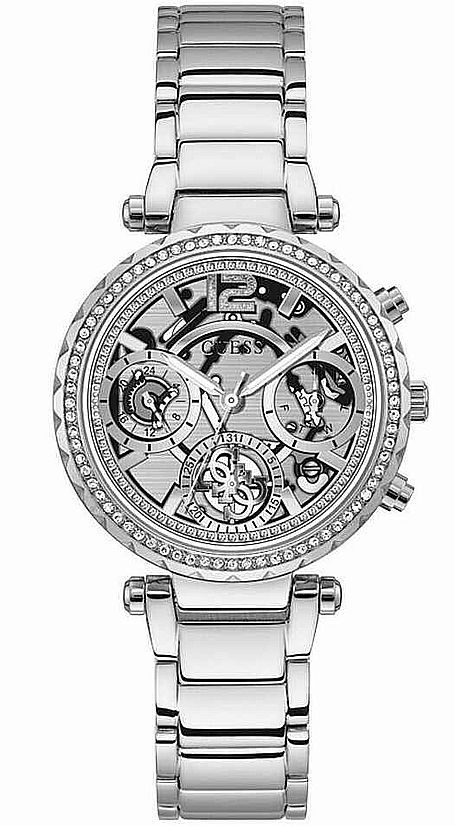 Women's Guess Stainless Steel Skeleton Dial Crystallized Glitz Watch ...