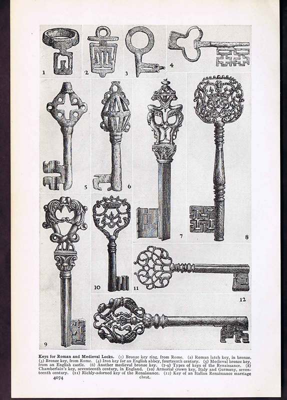 Interesting Lithograph Of Roman & Medieval Locks 1930