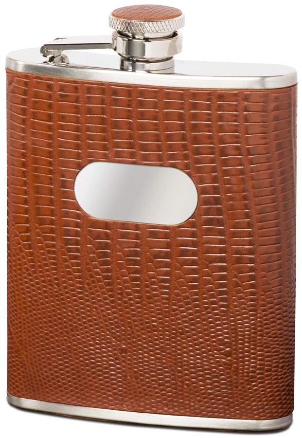 Brizard Lizard Pattern Havana Leather Stainless Steel 6oz Hip Flask