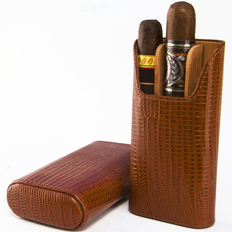 Brizard Showband Lizard Pattern Havana Leather Cigar Case - Made in USA