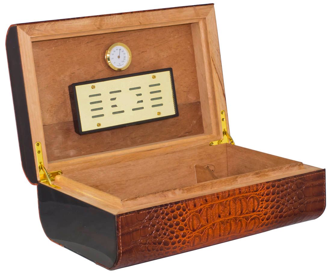 Brown Crocodile Leather Cigar Humidor - Holds 25 Cigars
