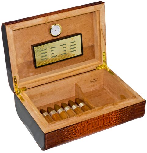 Brown Crocodile Leather Cigar Humidor - Holds 25 Cigars